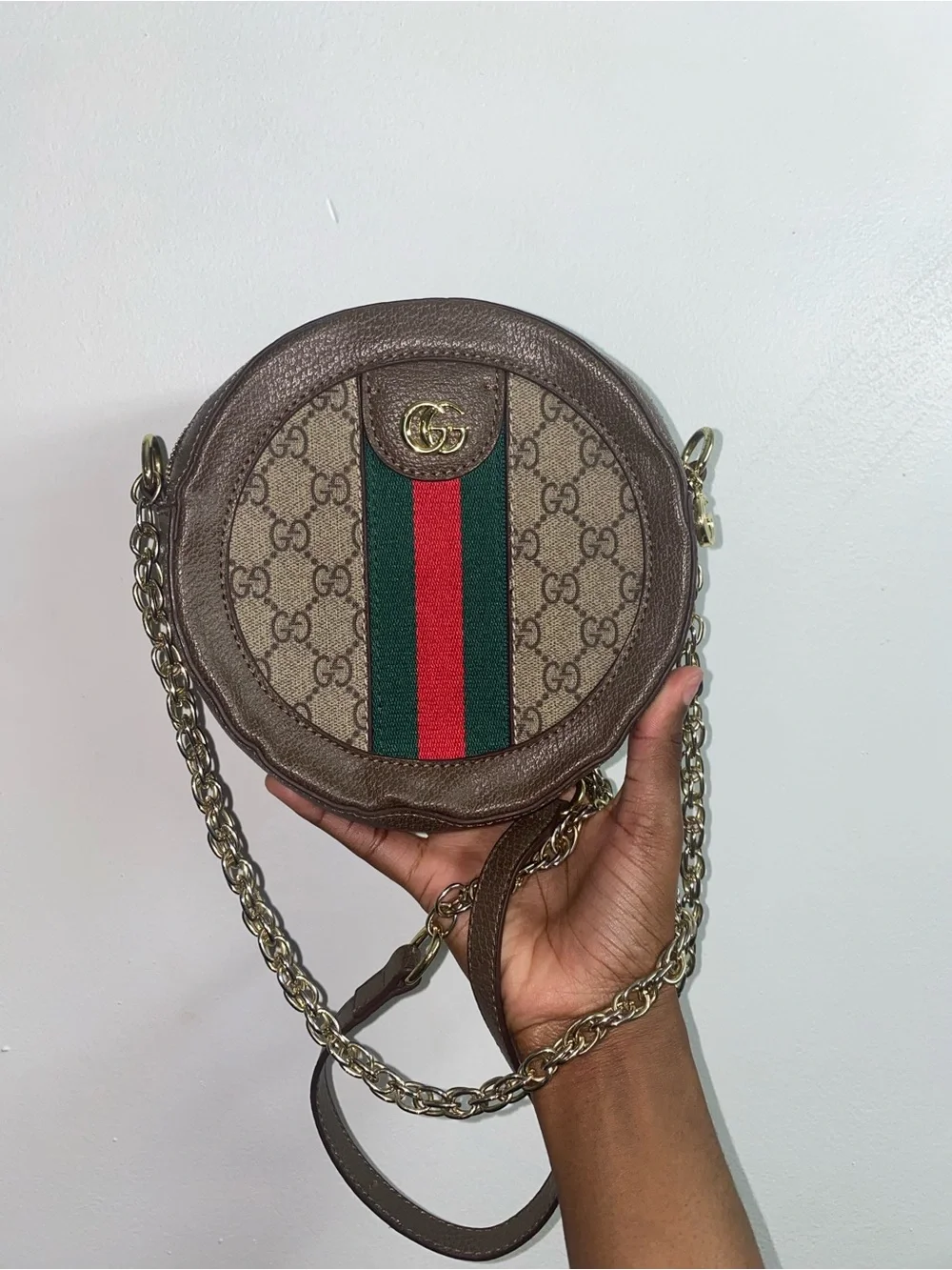 Gucci | Bags | Mini Round Ophidia Crossbody In Beige Brown With Red And ...